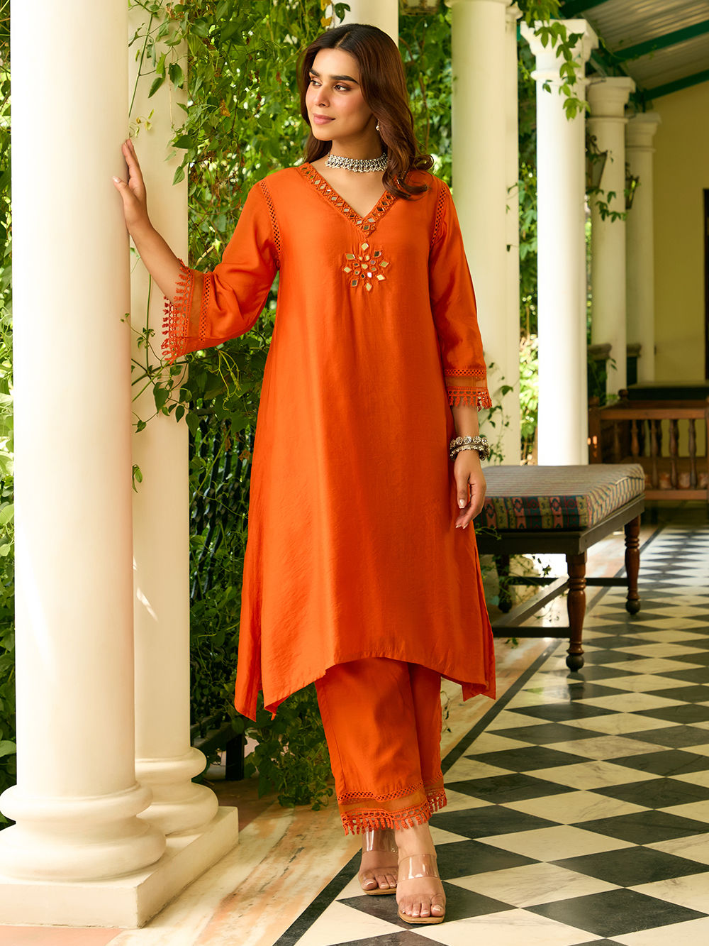 Orange Embroidered Viscose Chanderi Pants