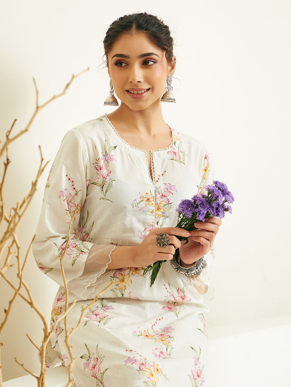 Ivory Printed Cotton Kurta with Pants- Set of 2