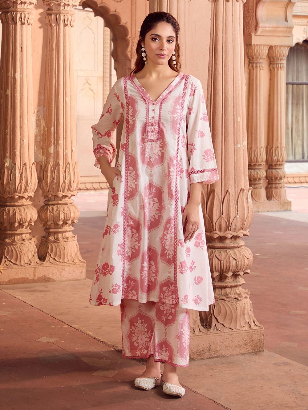 Old Rose Printed Cotton Kurta with Pants- Set of 2