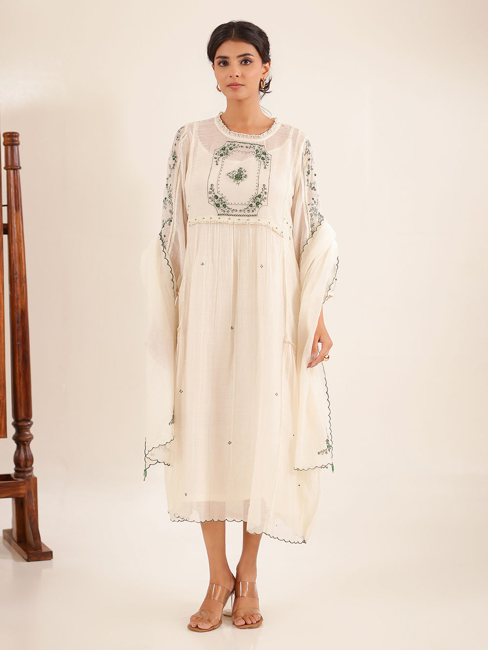 Powder Blue Hand Block Printed Chanderi Dress with Slip and Dupatta ...