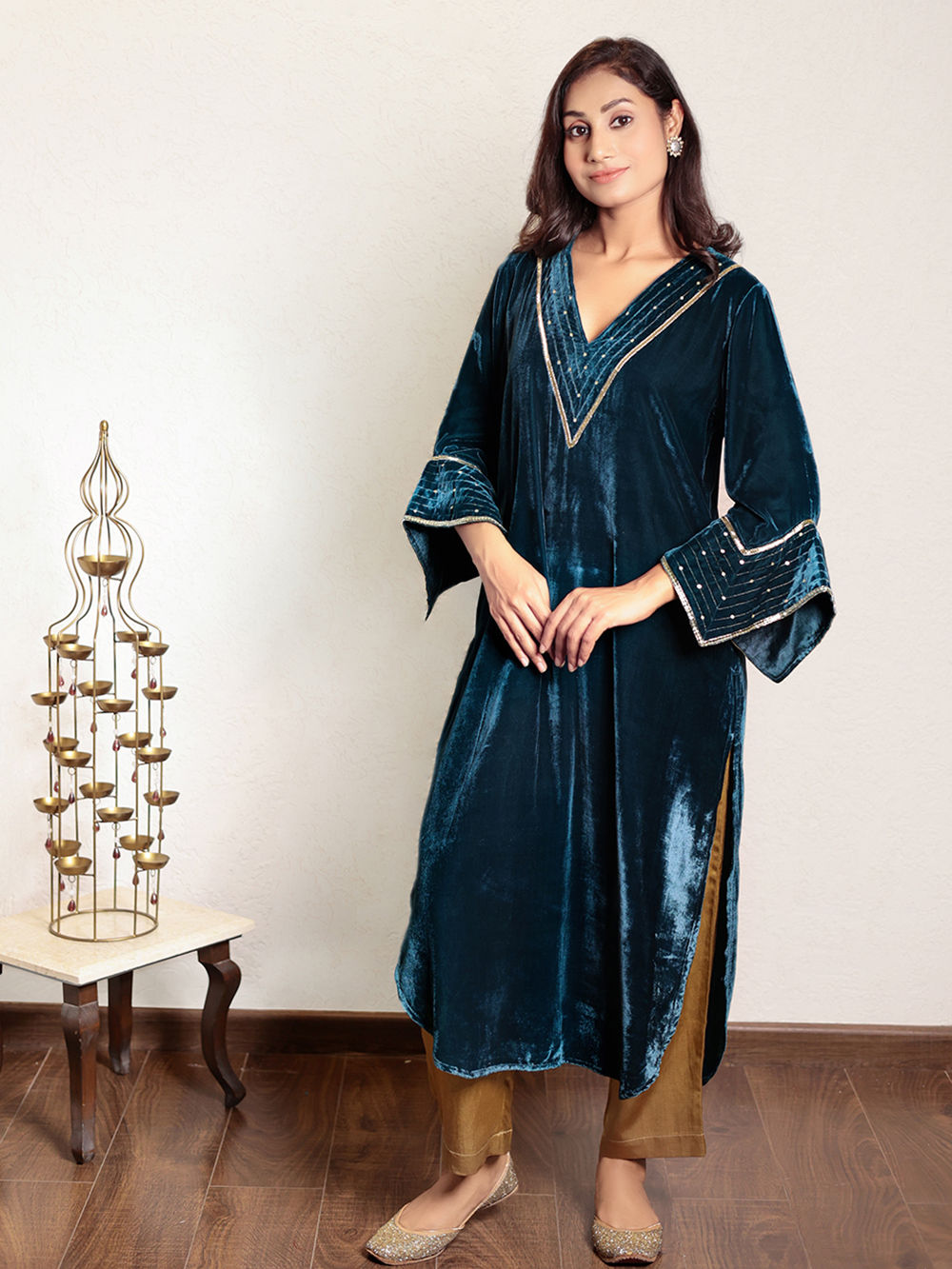 Burgundy Embroidered Velvet Kurta with Pants- Set of 2