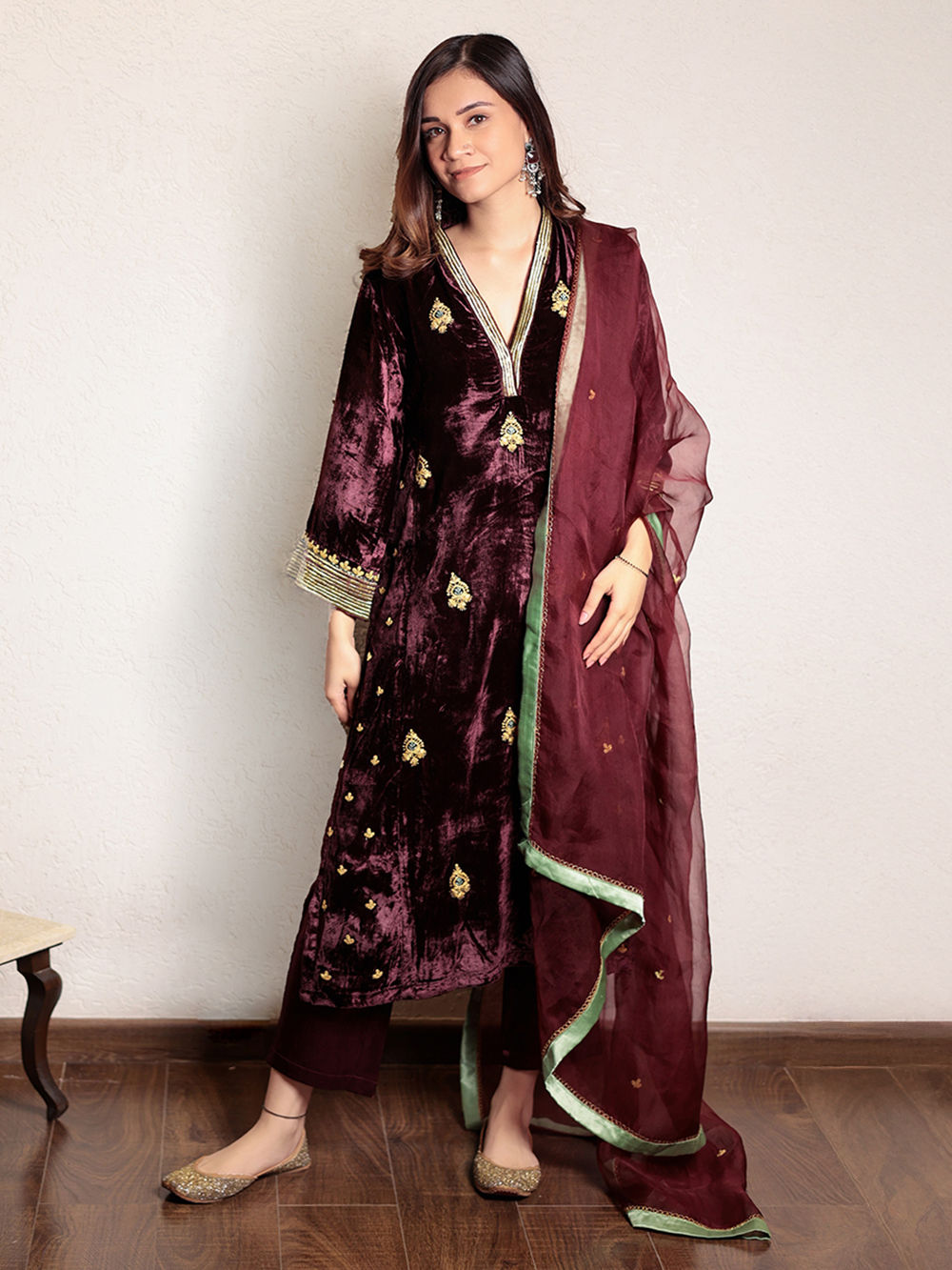 Emerald Green Embroidered Velvet Suit- Set of 3