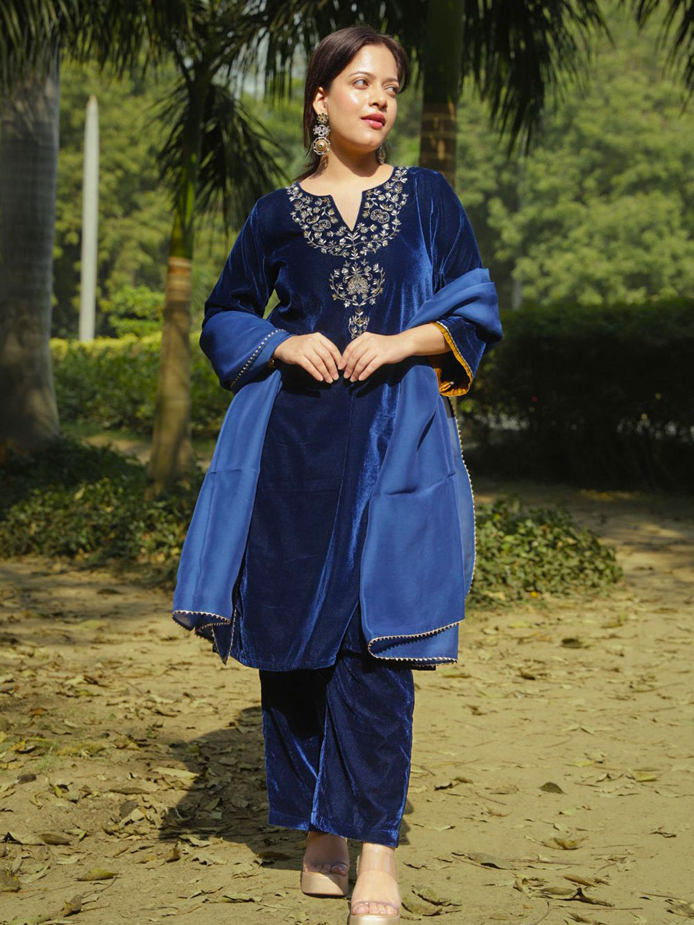 Blue Hand Embroidered Velvet Kurta with Pants - Set of 2
