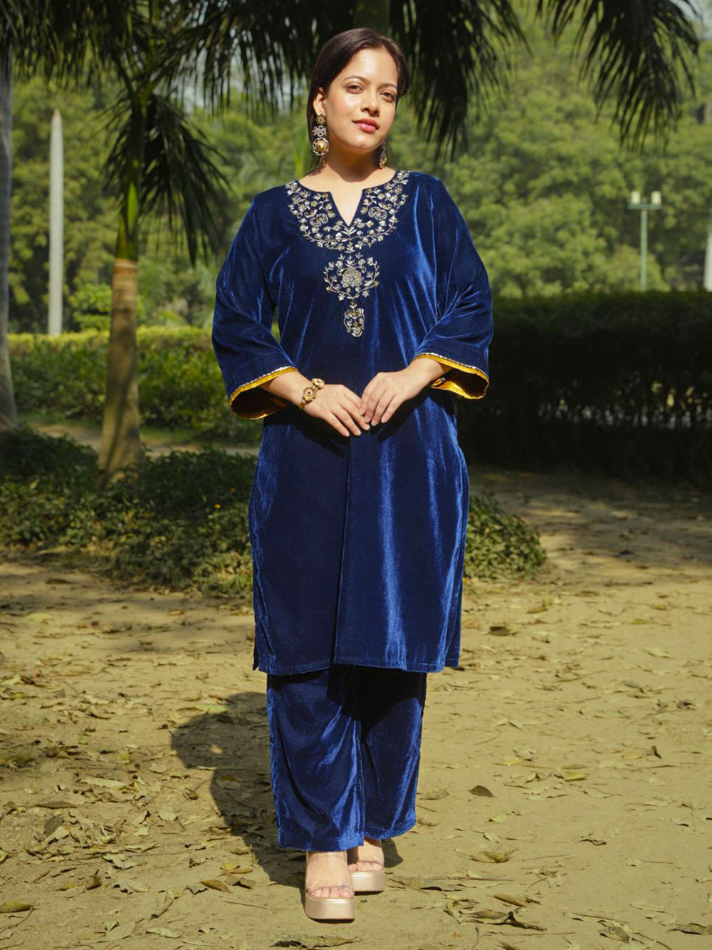 Blue Hand Embroidered Velvet Suit - Set of 3