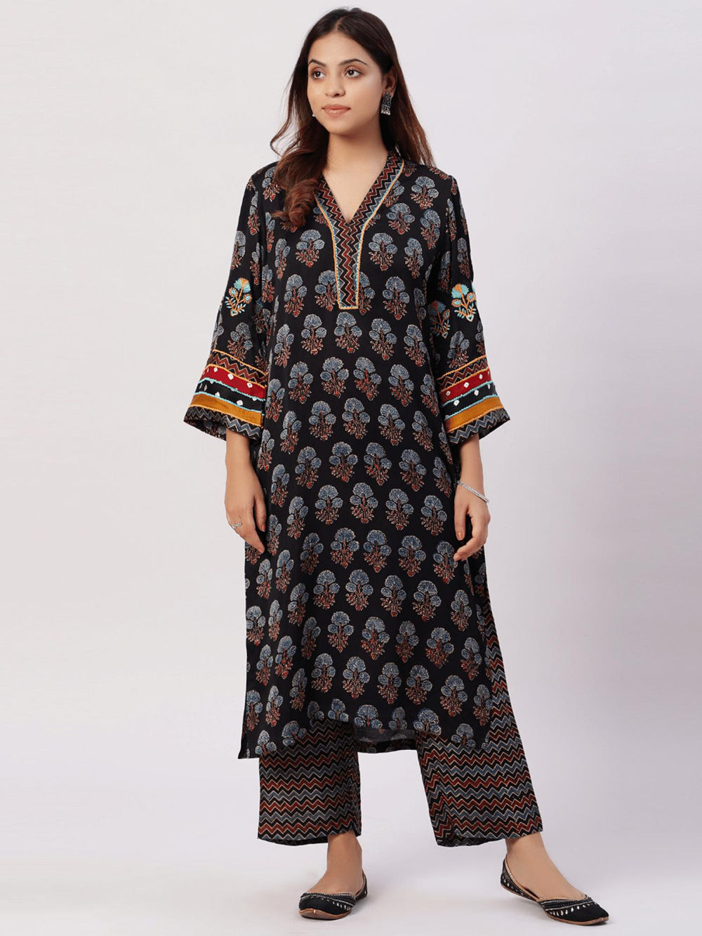 Black Patch Work Cotton Modal Kurta with Pants- Set of 2