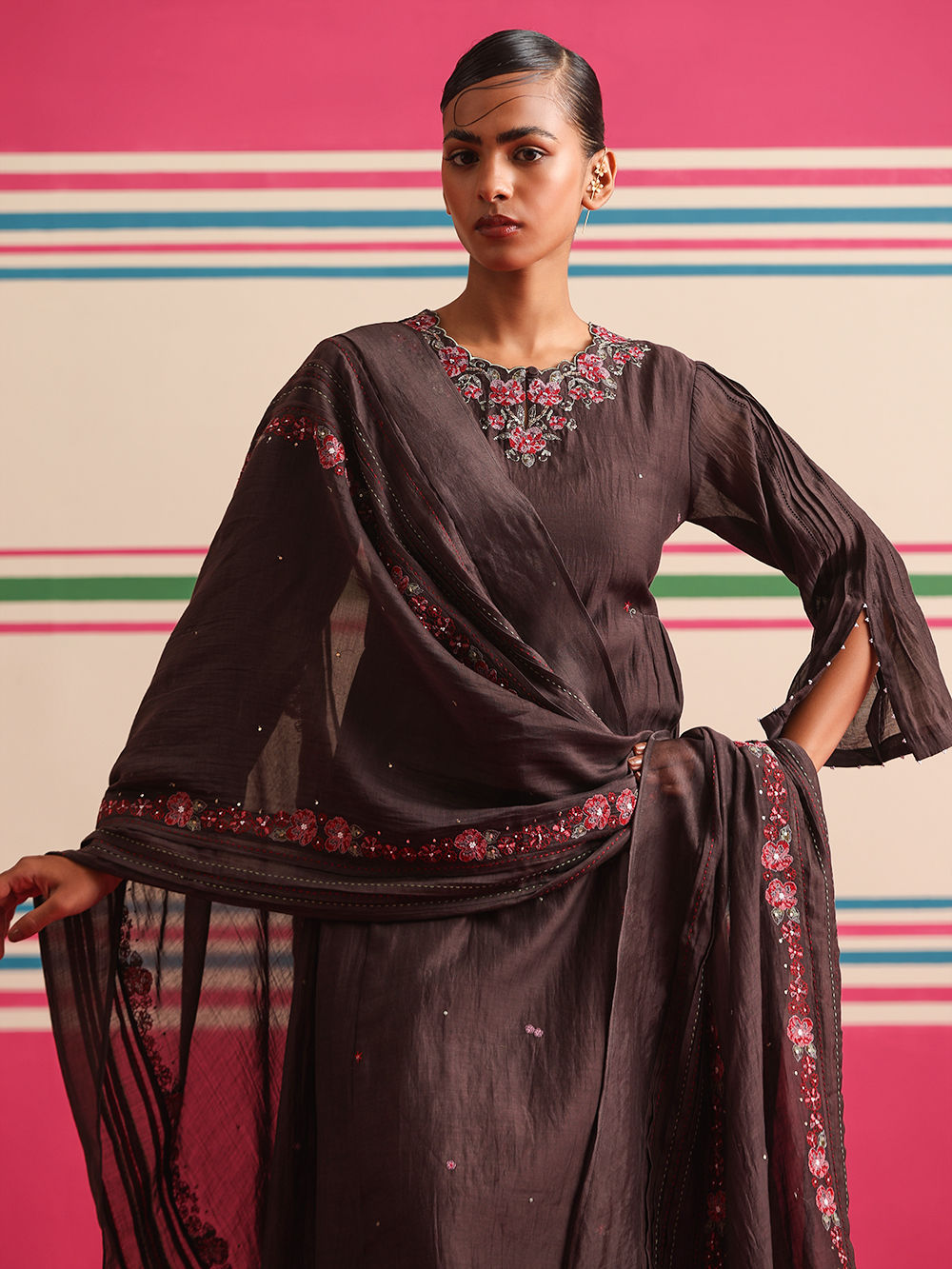 Red Embroidered Chanderi Mul Co-ord Set - Set of 2