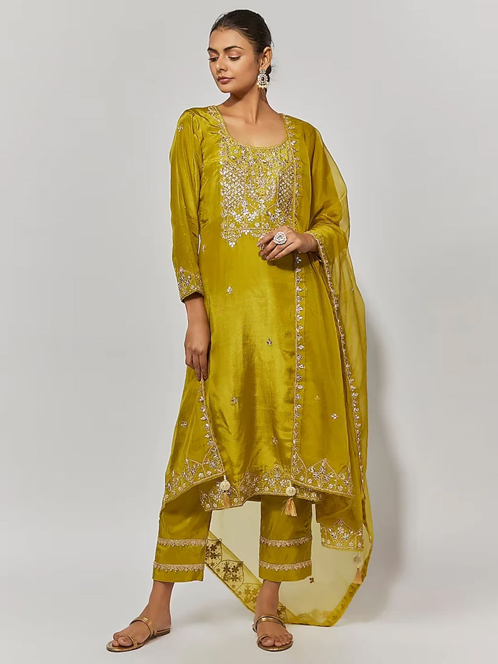 White Hand Embroidered Silk Suit - Set of 3