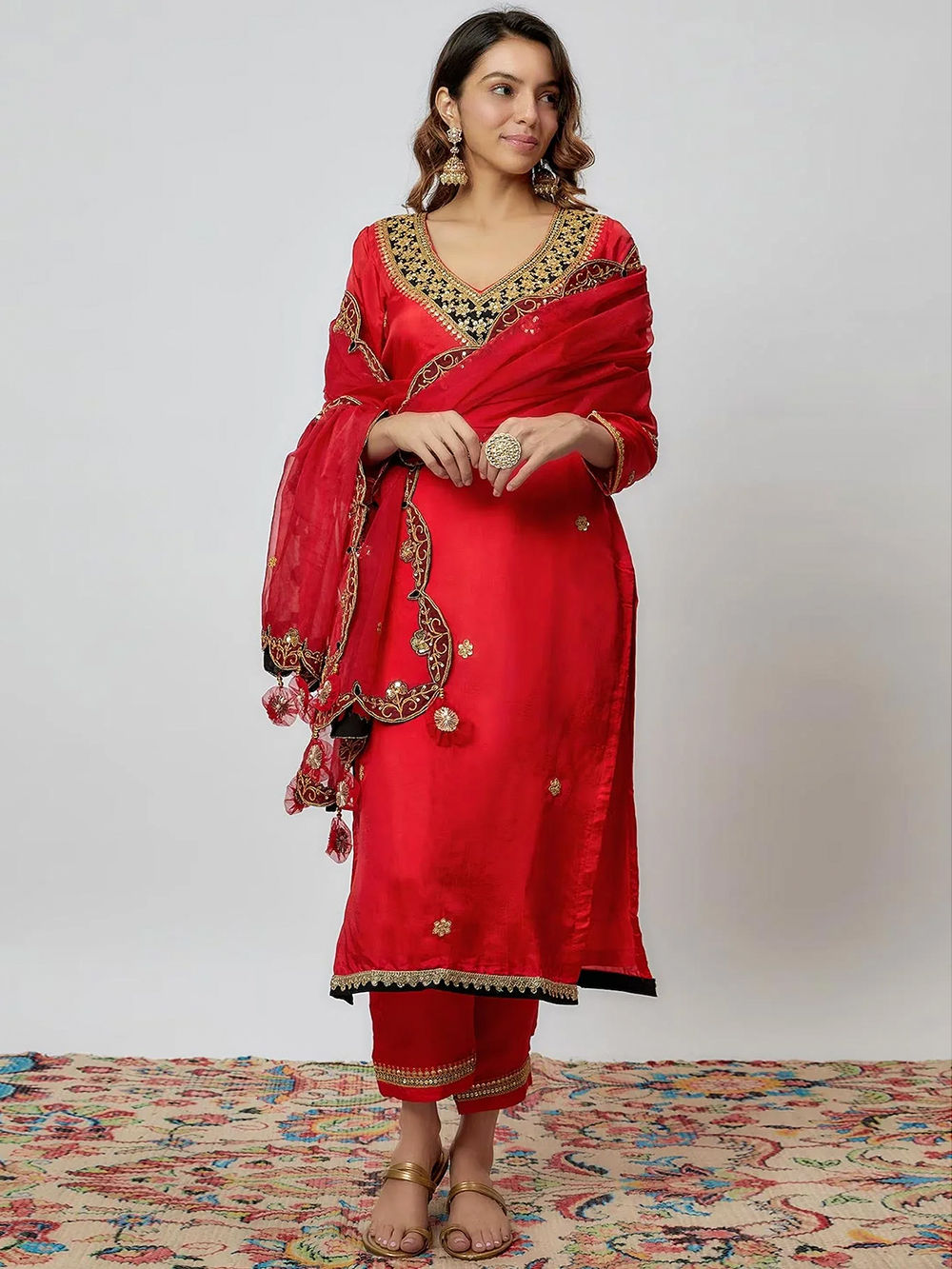 White Hand Embroidered Silk Suit - Set of 3