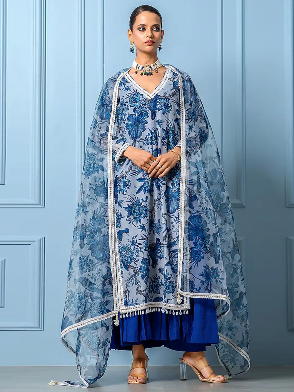 White Hand Embroidered Silk Suit - Set of 3