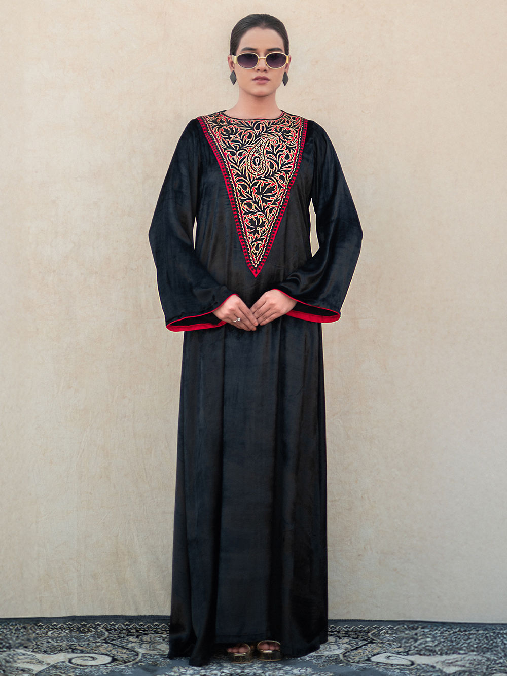 Black Kashmiri Tilla Embroidered Velvet Dress