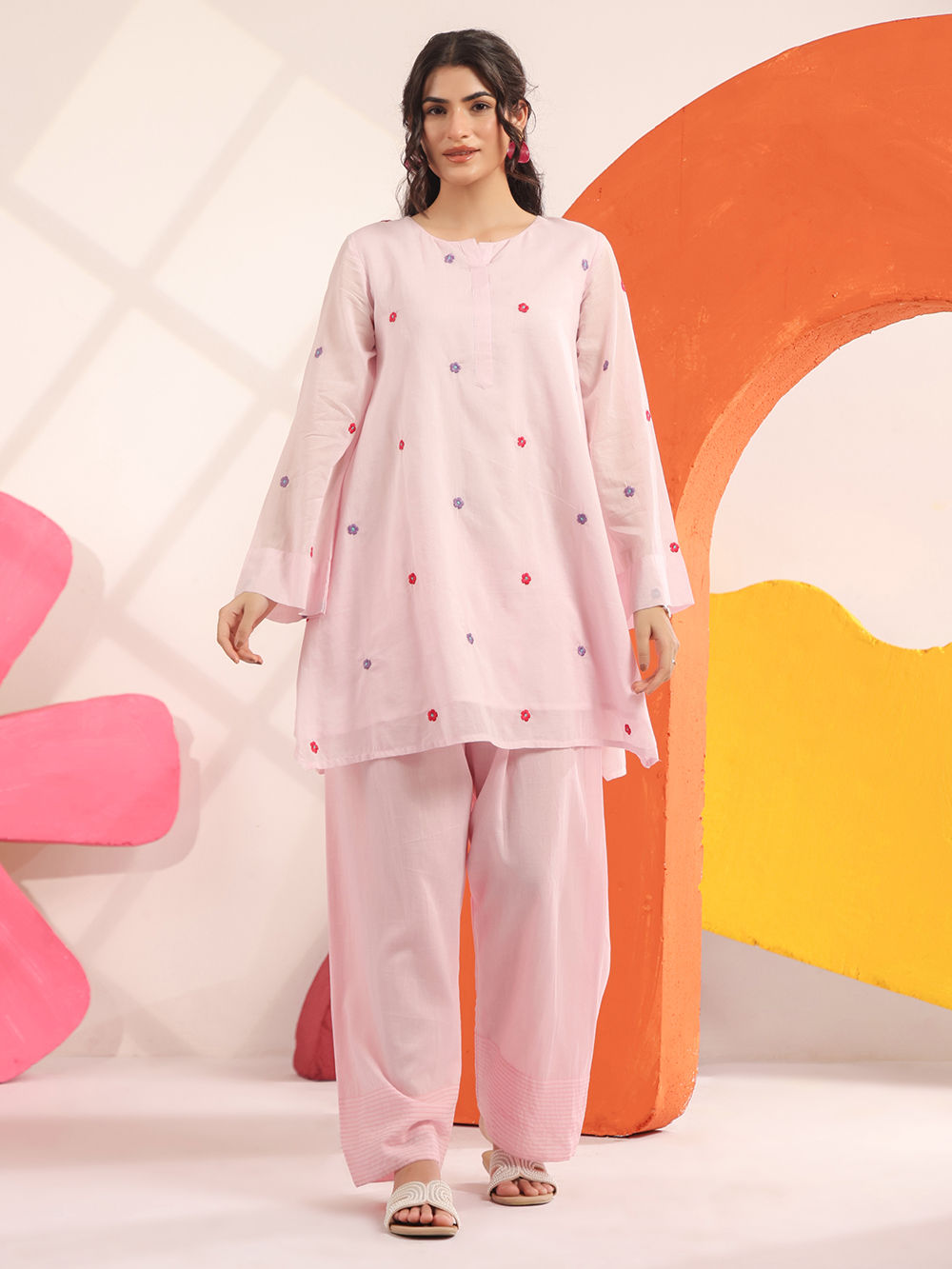 Pink Embroidered Cotton Mulmul Kurta with Farshi Salwar- Set of 2