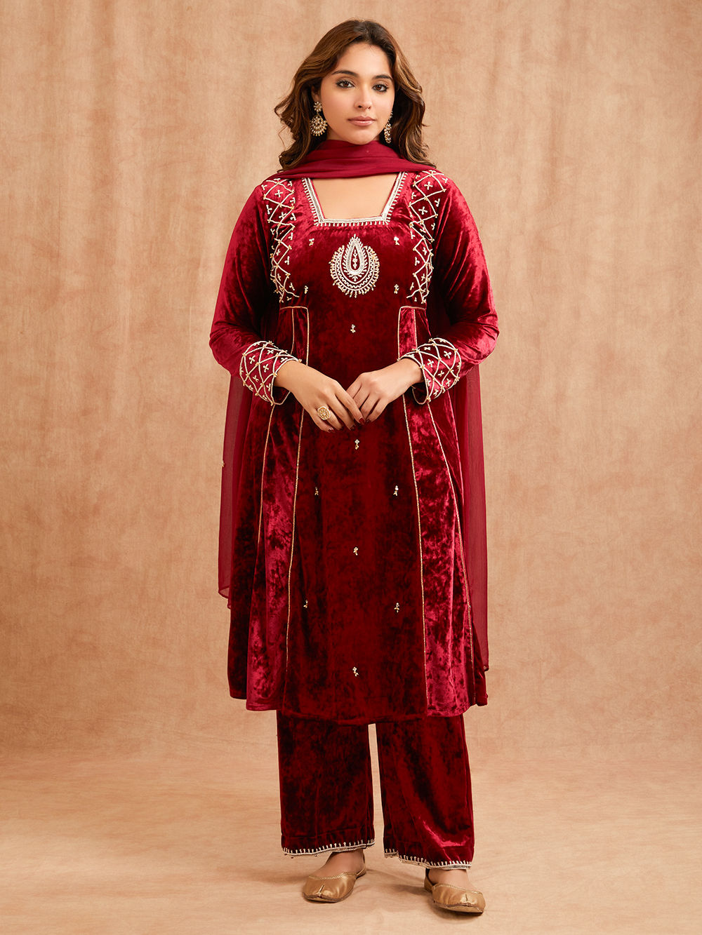 Maroon Hand Embroidered Velvet Suit- Set of 3