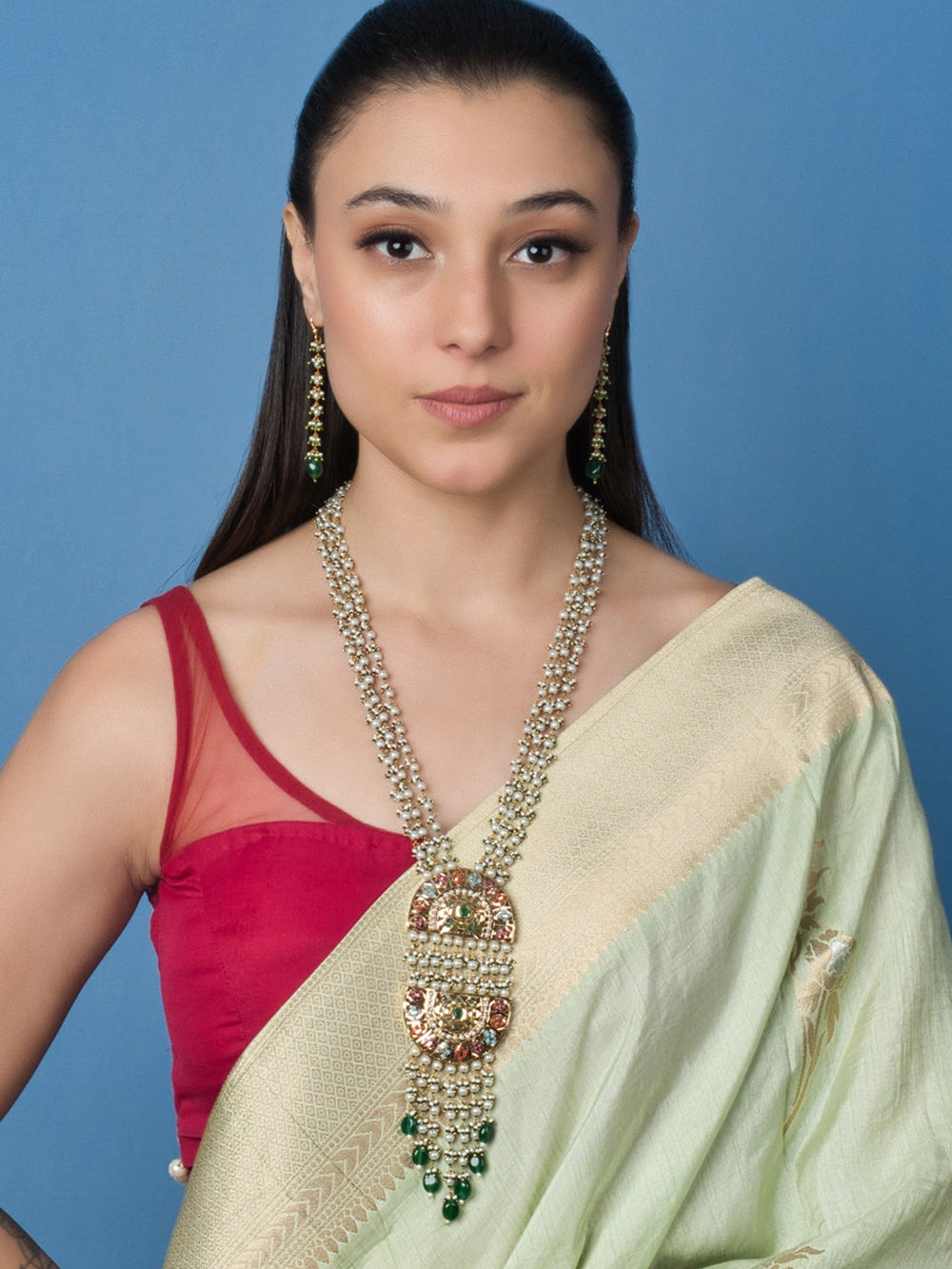 Gold Plated White Handcrafted Brass Necklace with Earrings - Set of 2