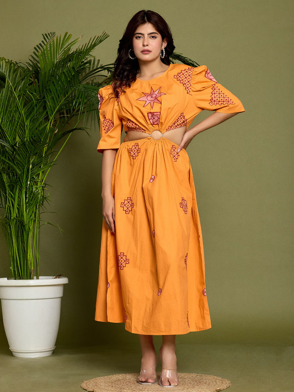 Orange Embroidered Cotton Dress