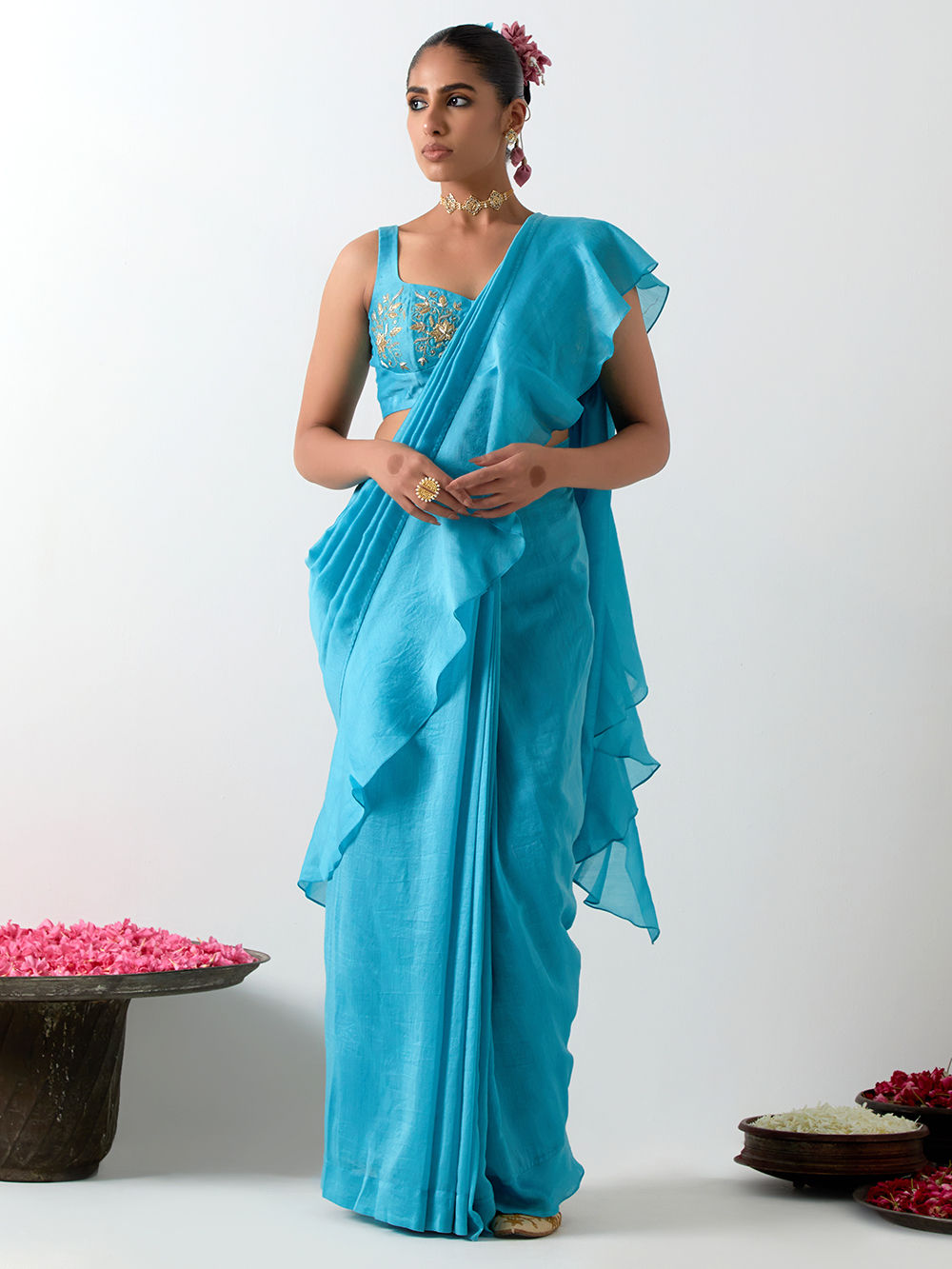 Sky Blue Chanderi Ruffled Ready to Wear Saree with Blouse- Set of 2