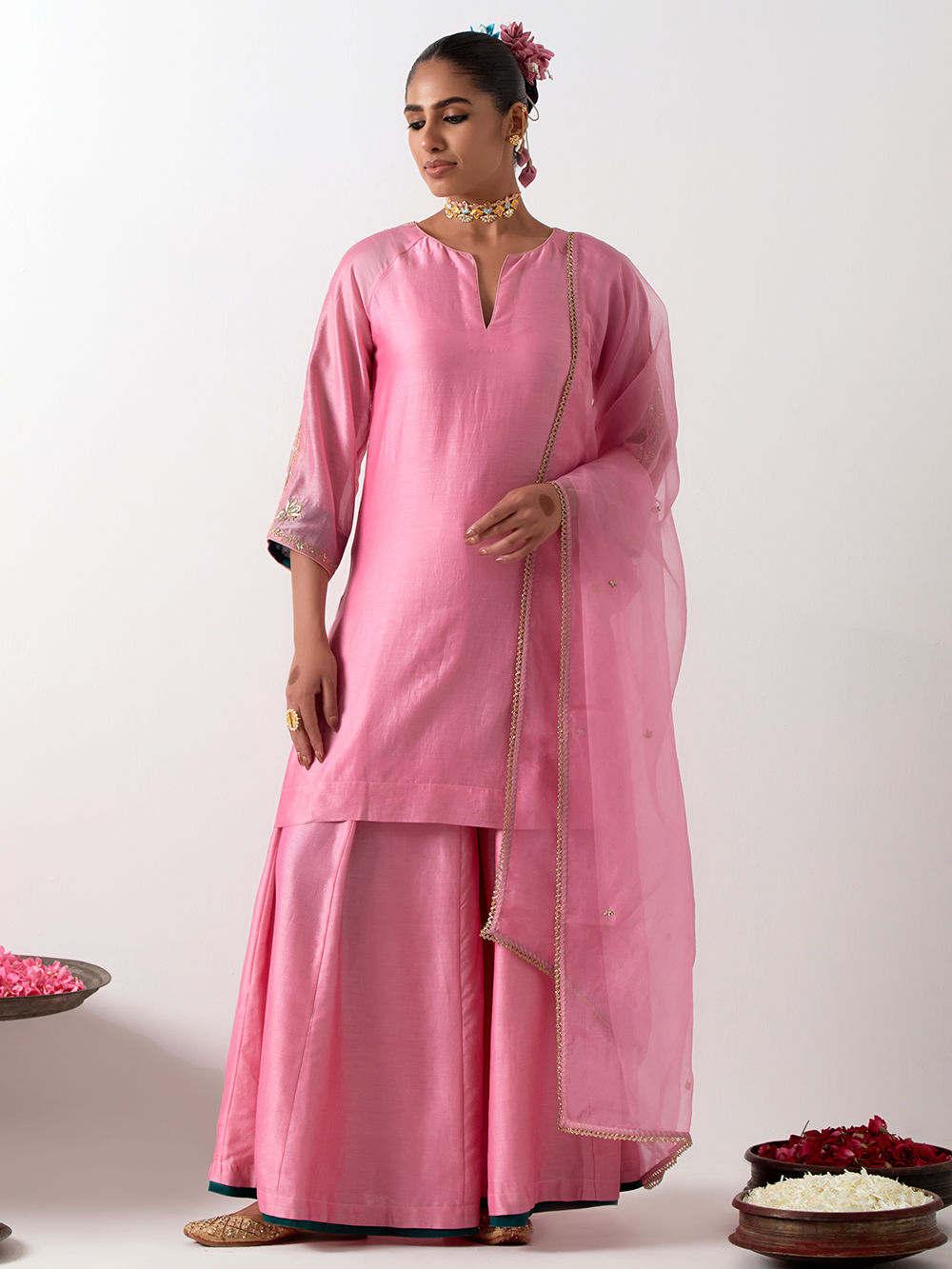 Pink Hand Embroidered Chanderi Suit- Set of 3