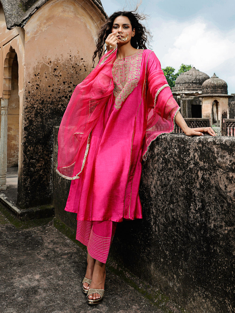 Pink Dori Embroidered Raw Silk Suit- Set of 3