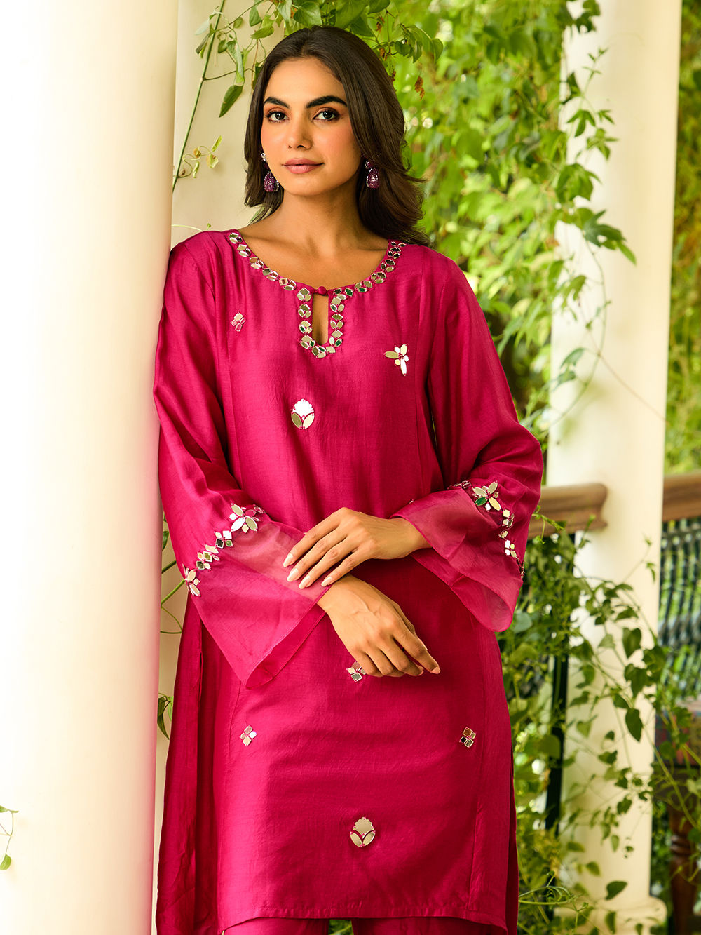 Fuchsia Hand Embroidered Cotton Silk Kurta with Pants- Set of 2