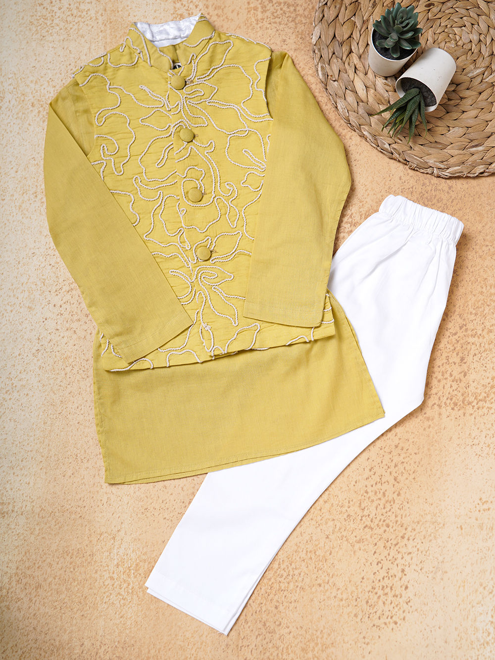 Yellow Cotton Kurta with Embroidered Jacket and Pajama - Set of 3