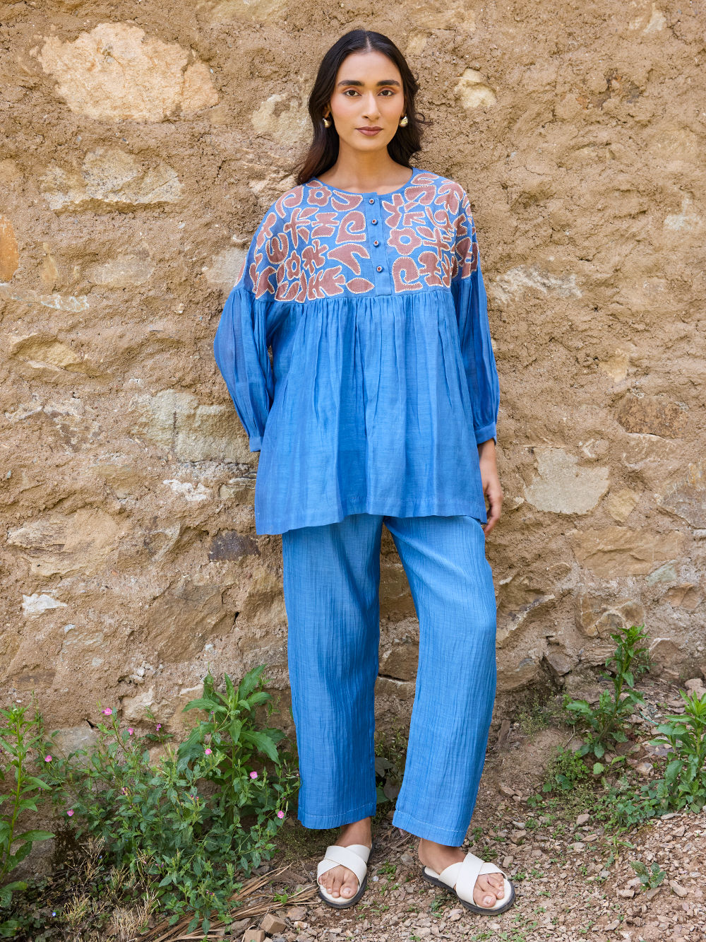 Blue Applique Work Chanderi Top with Slip