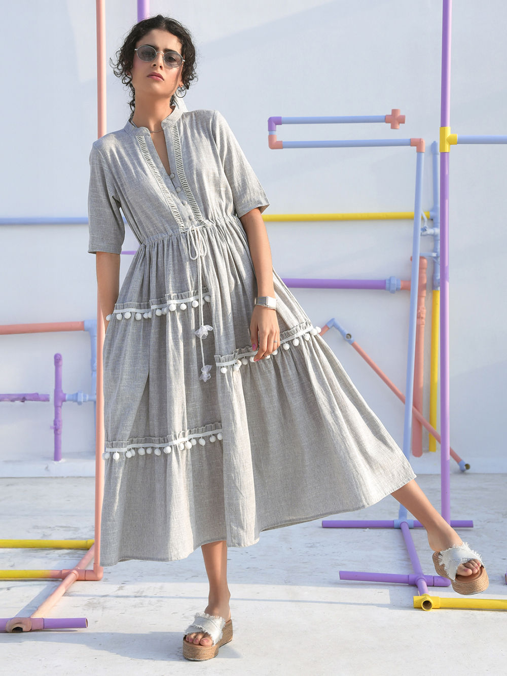 Grey Lace Work Cotton Slub Dress