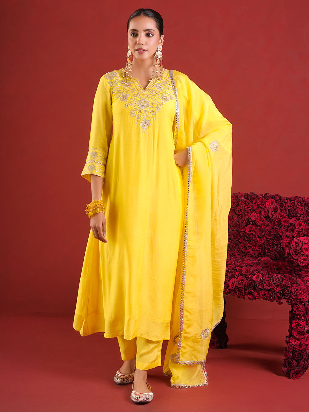 Yellow Embroidered Silk Suit- Set of 3