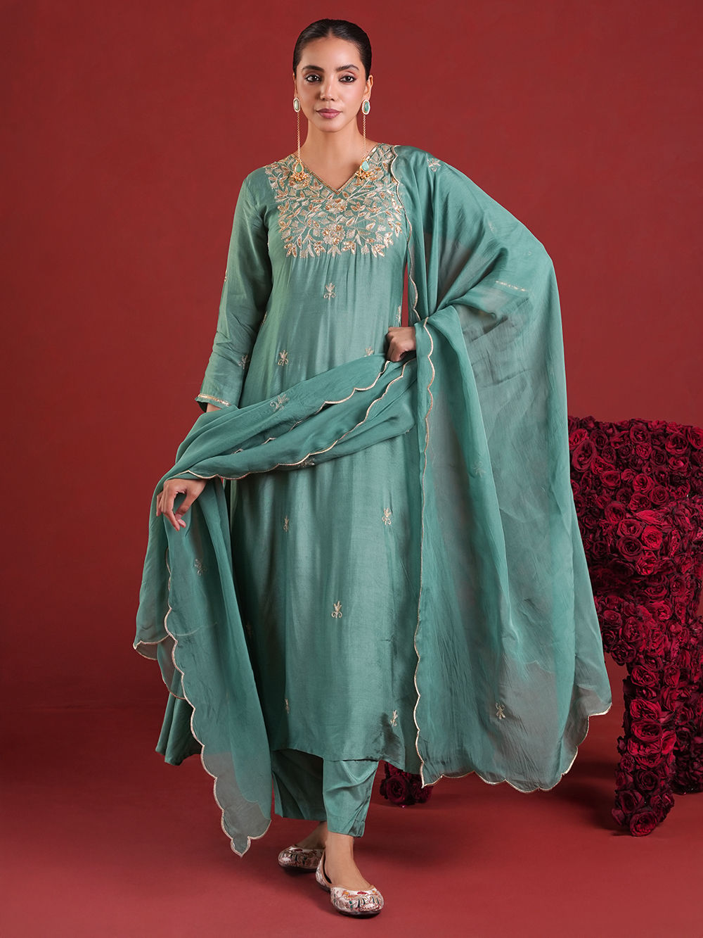 Green Embroidered Silk Suit- Set of 3