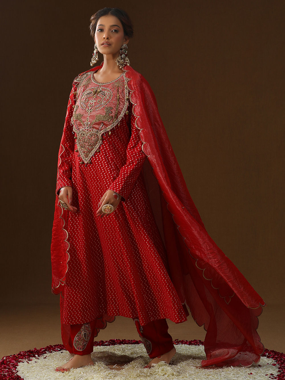Red Hand Embroidered Silk Suit- Set of 3