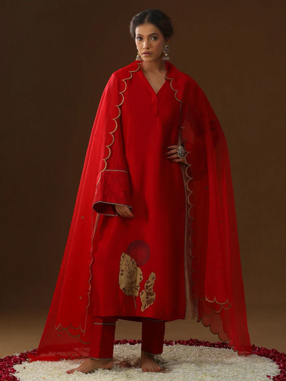 Red Hand Embroidered Silk Suit- Set of 3