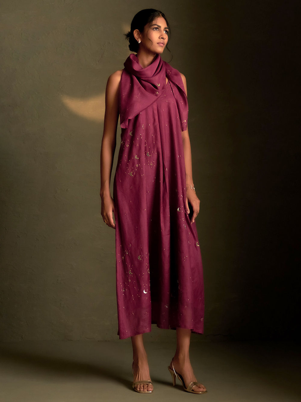 Magenta Hand Embroidered Chanderi Mulmul Dress with Scarf - Set of 2