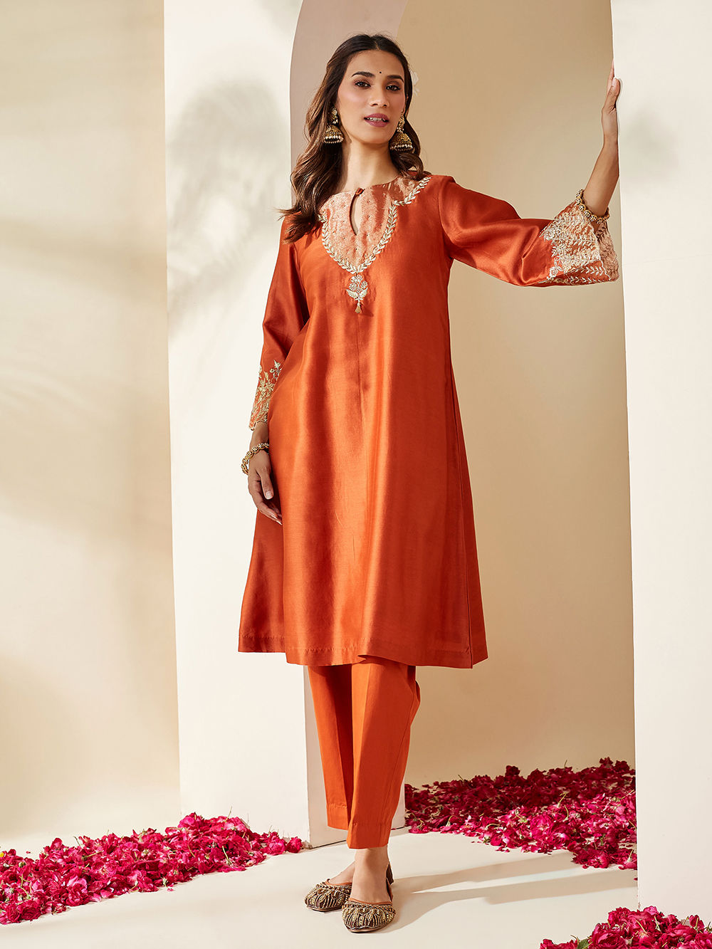 Orange Embroidered Chanderi Kurta