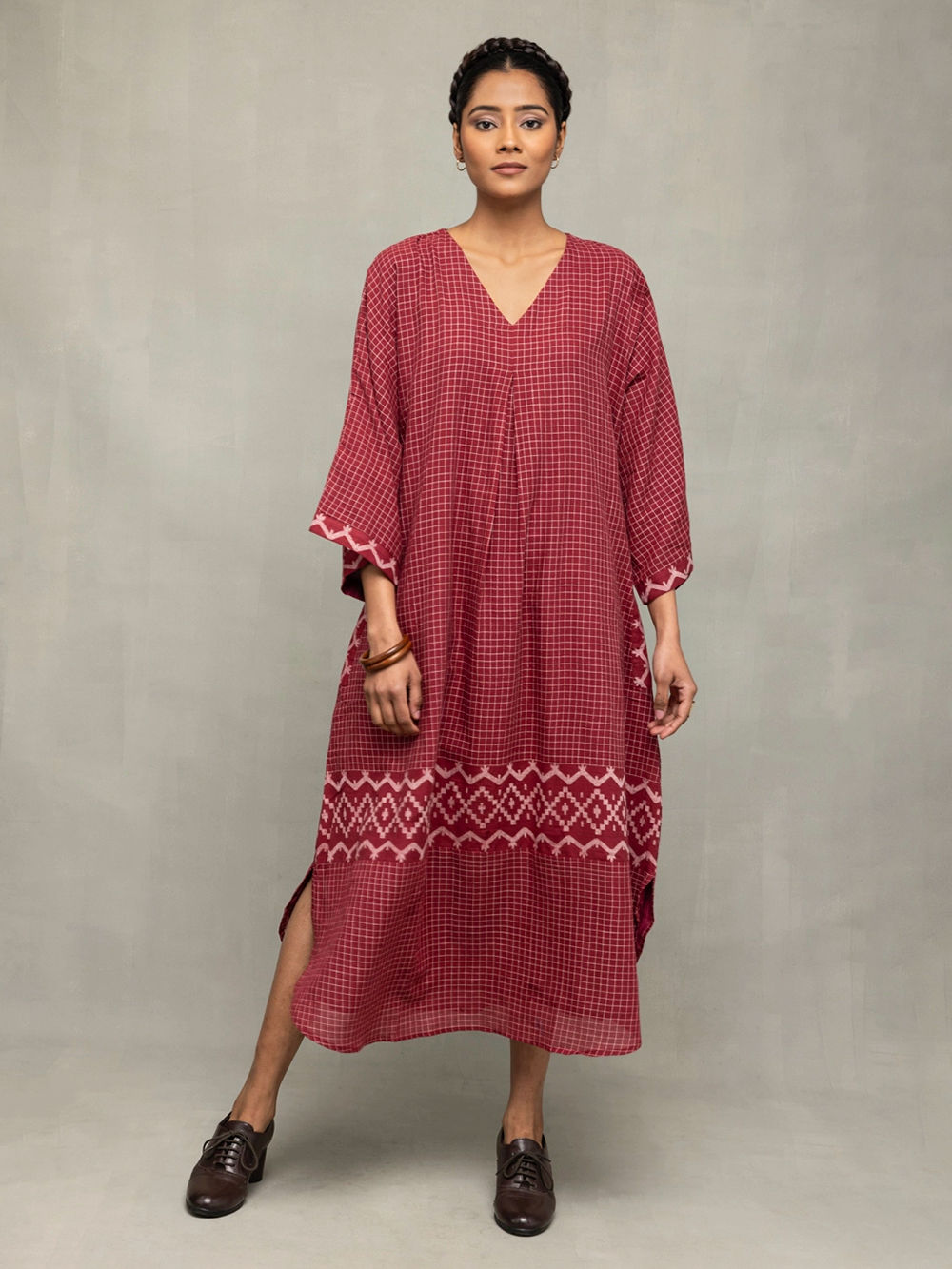 Maroon Woven Jamdani Cotton Dress