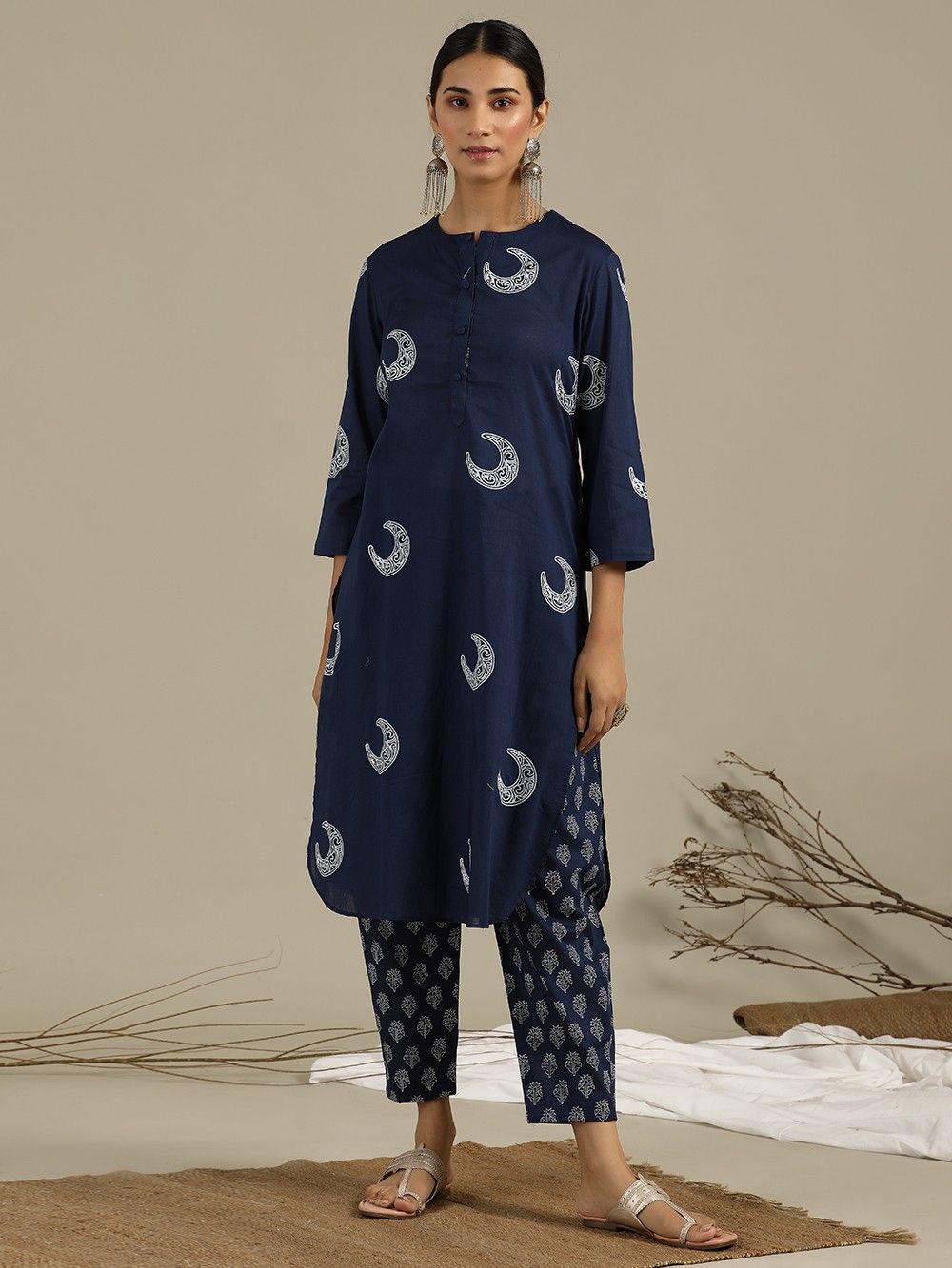 Indigo Hand Block Printed Cotton Kurta with Pants- Set of 2
