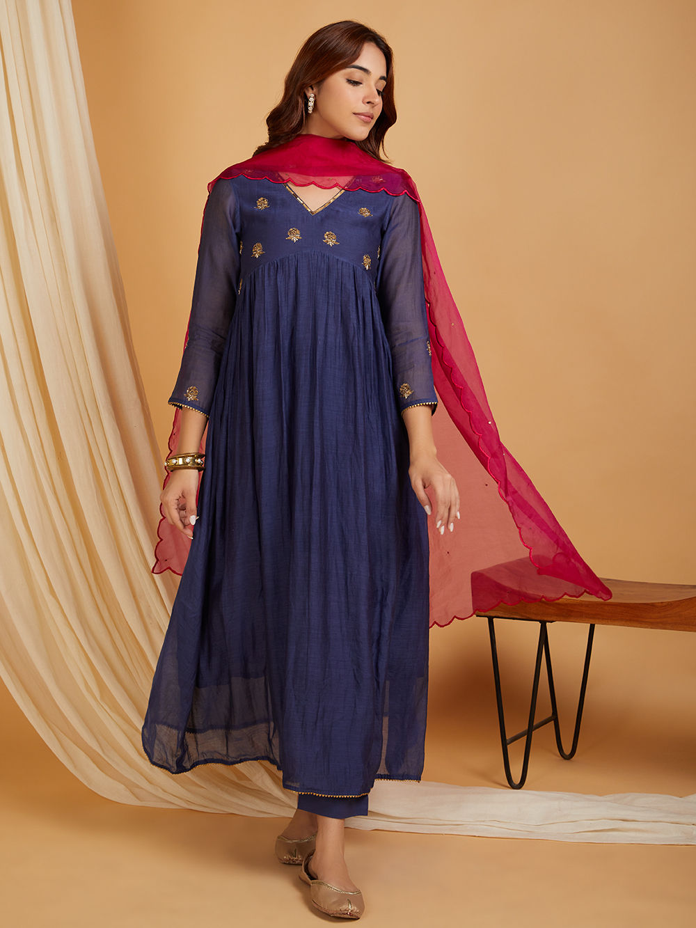 Navy Blue Hand Embroidered Chanderi Suit- Set of 3