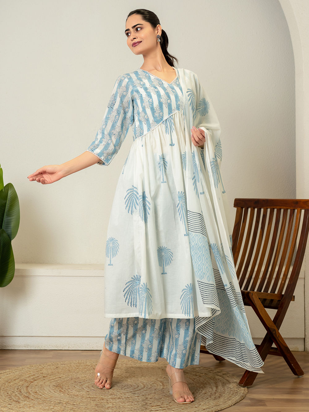Off White Blue Hand Block Printed Cotton Suit- Set of 3