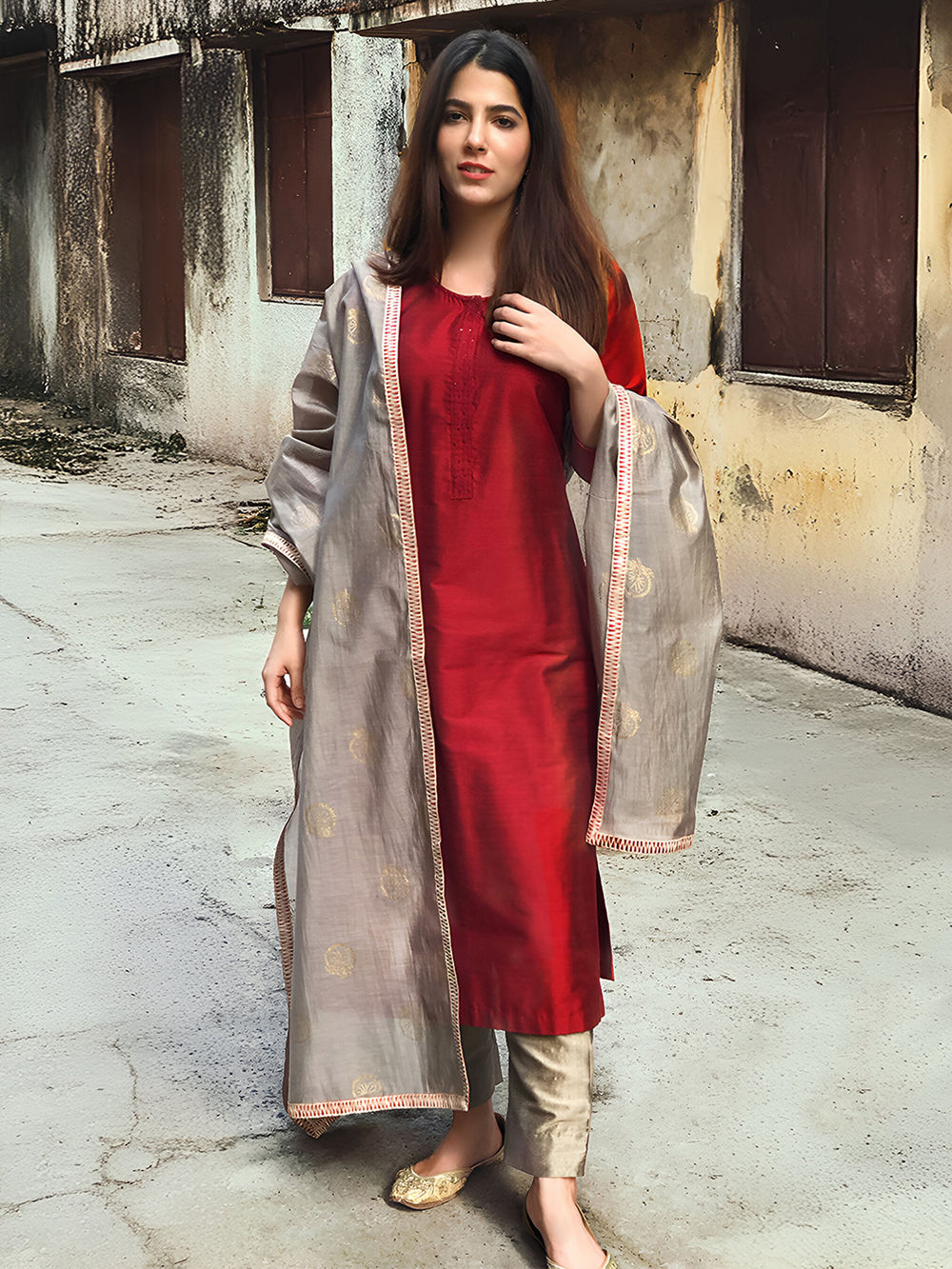 Maroon Cotton Silk Suit- Set of 3