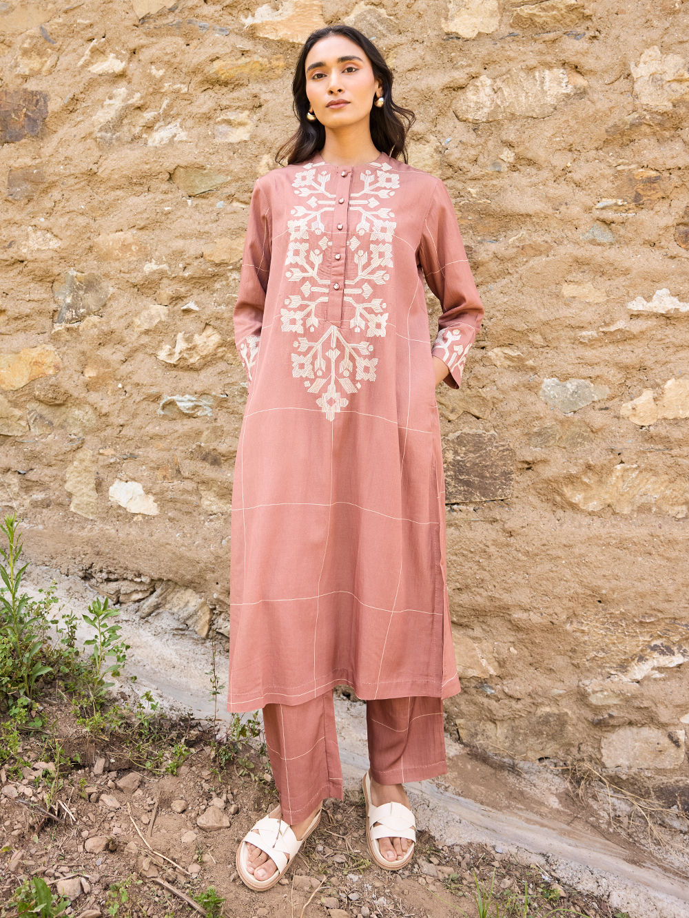 Brown Hand Embroidered Organic Cotton Kurta