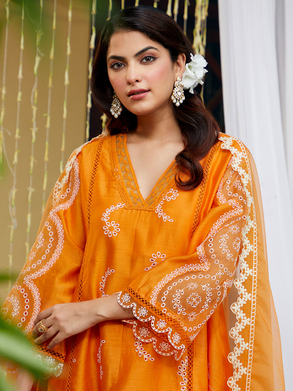 Orange Embroidered Chanderi Kurta with Pants- Set of 2