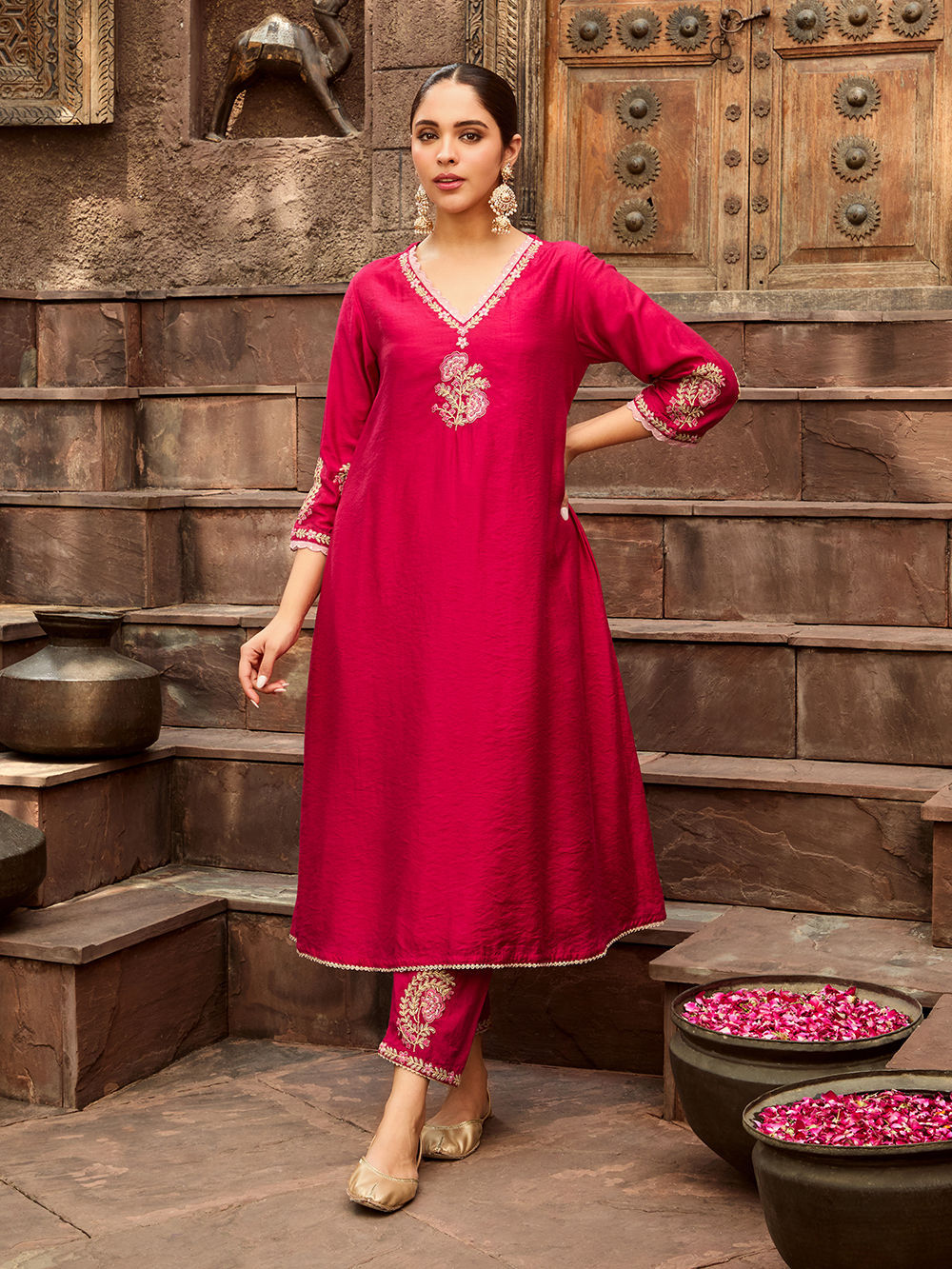 Pink Embroidered Chanderi Kurta