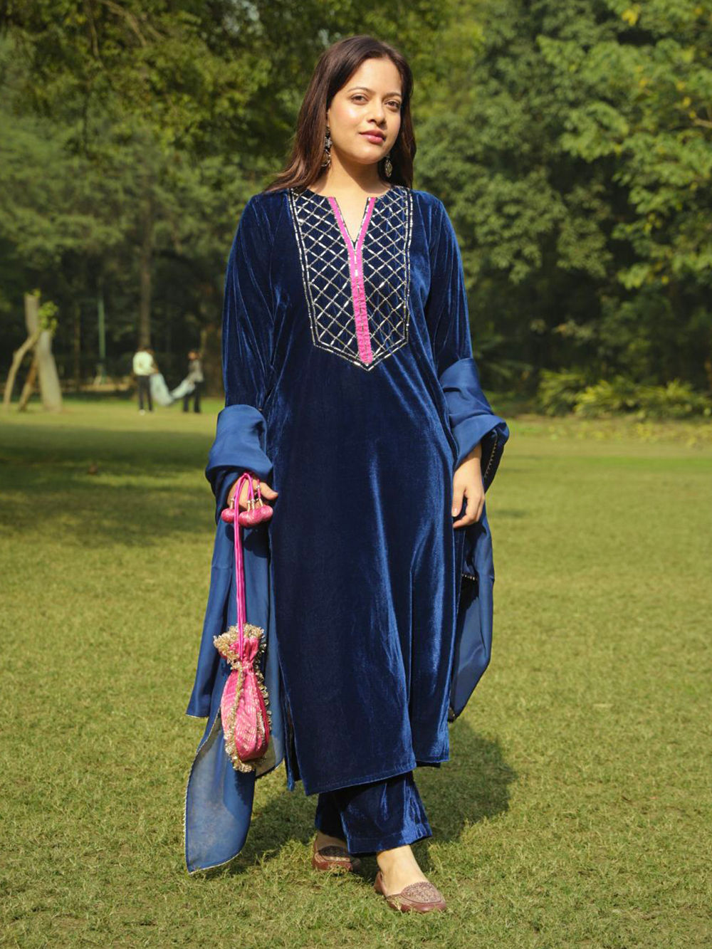 Blue Hand Embroidered Velvet Suit - Set of 3