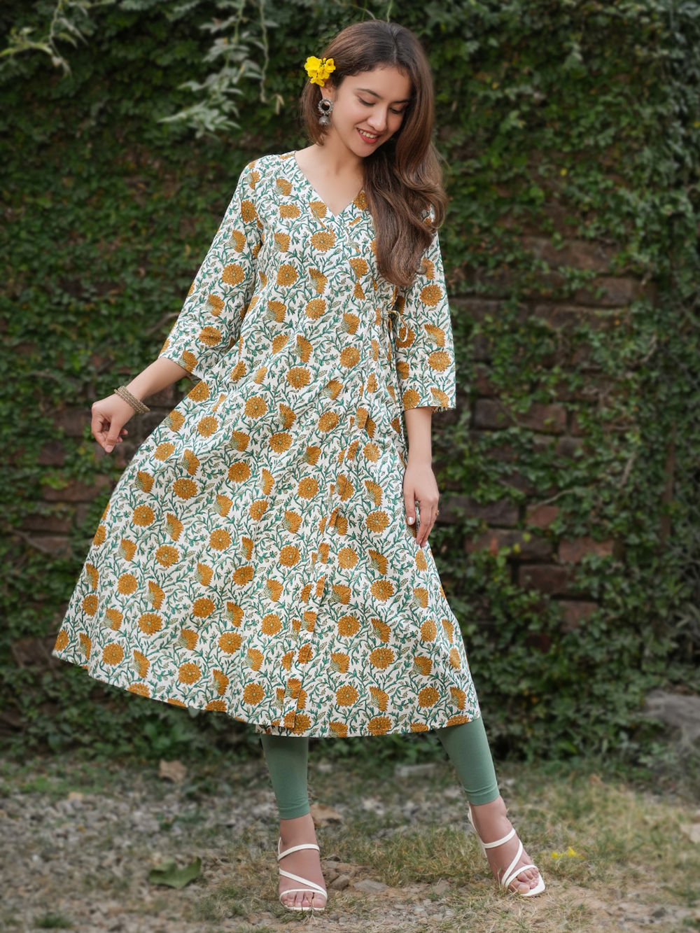 White Yellow Hand Block Printed Cotton Kurta