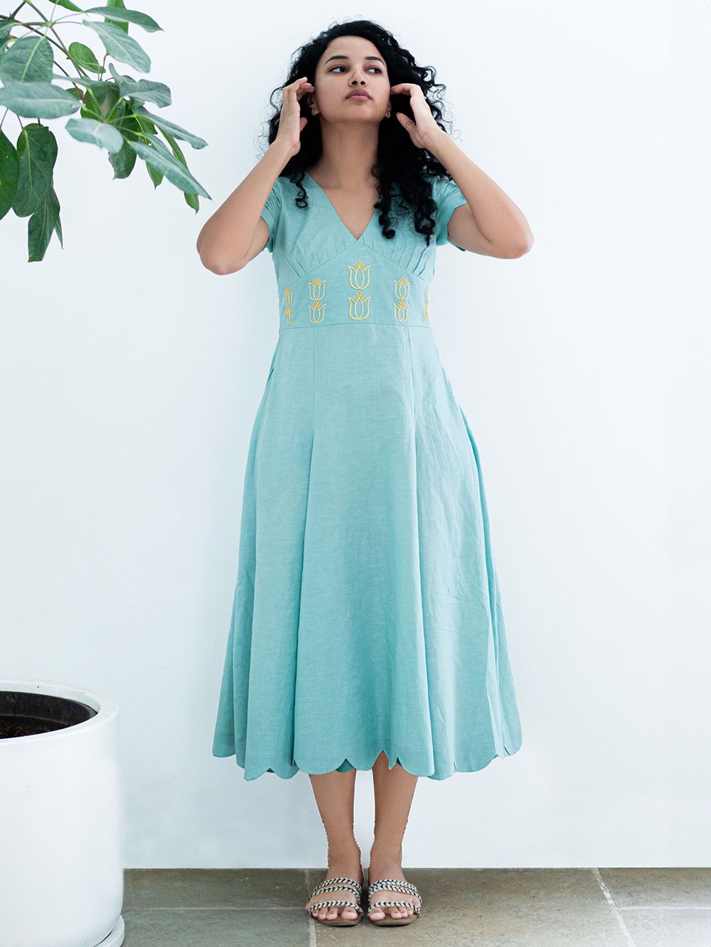 Aqua Blue Hand Embroidered Handloom Cotton Linen Dress